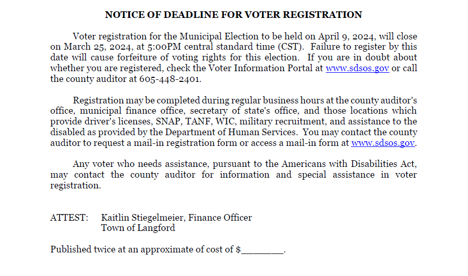 2024 | Election – Notice for Deadline for Voter Registration