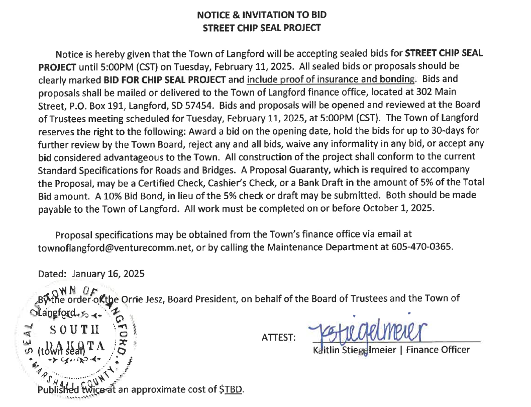 Notice to Bid-Streets Chip Seal-2025 – Langford, South Dakota